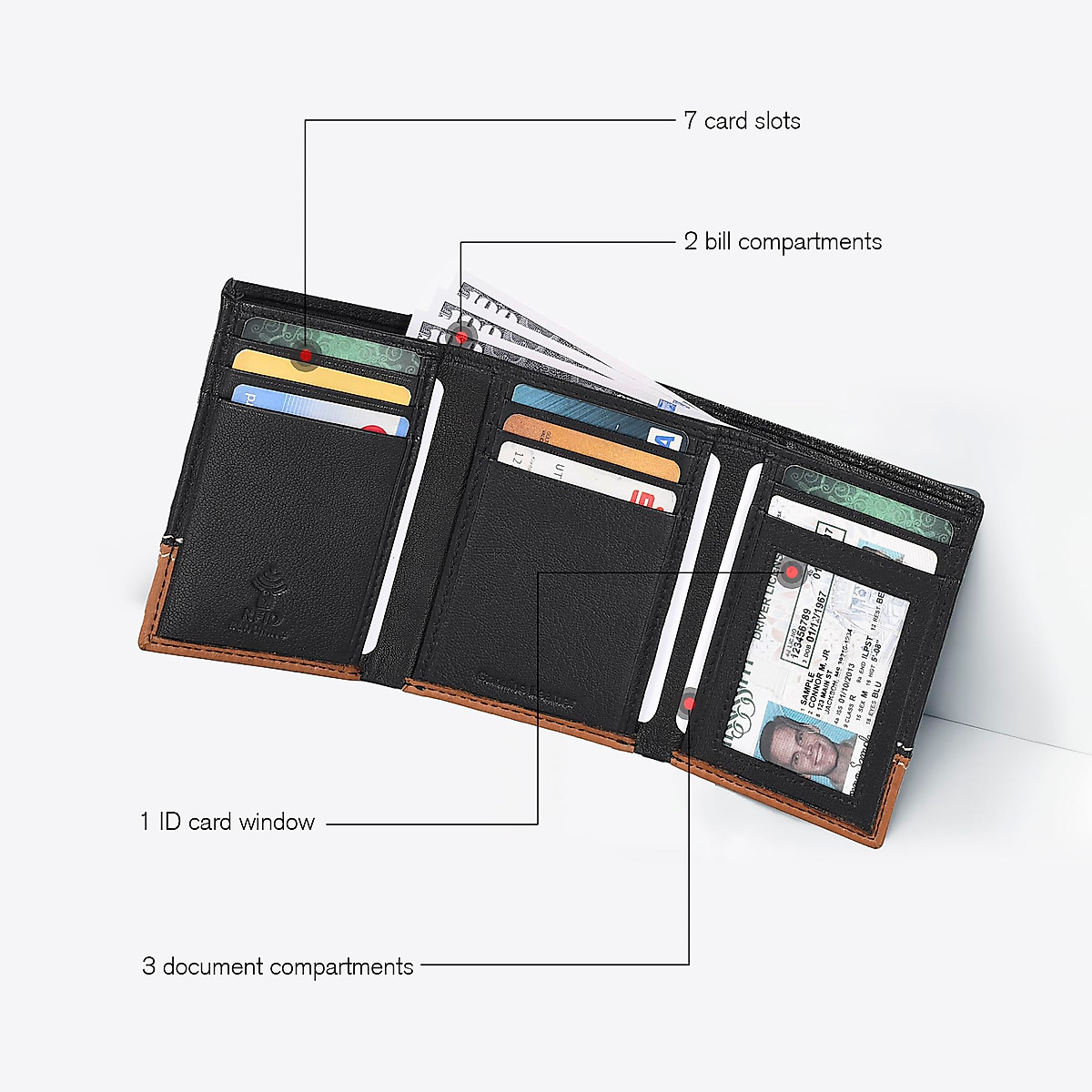 ESTALON Real Leather Trifold Wallet For Men-RFID Slim Tri Fold Wallets Minimalist 3 fold Credit Card Holder ID Window Christmas Gift (Charcoal/Sierra)