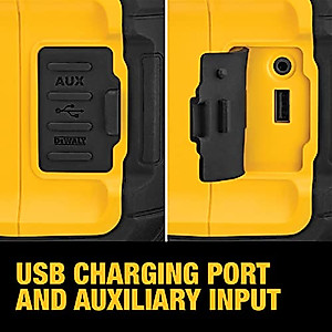 DEWALT 20V MAX Bluetooth Speaker, 100 ft Range, Durable for Jobsites, Phone Holder Included, Lasts 8-10 Hours with Single Charge (DCR010), Yellow/Black