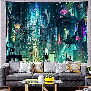 X-SISTER Fantasy Cityscape Tapestry Futuristic City Neon Punk Wall Hanging Teenage Boy Bedroom Tapestries 80×60 Inch for Livingroom Dorm Dormitory Apartment Tapestry TA21734