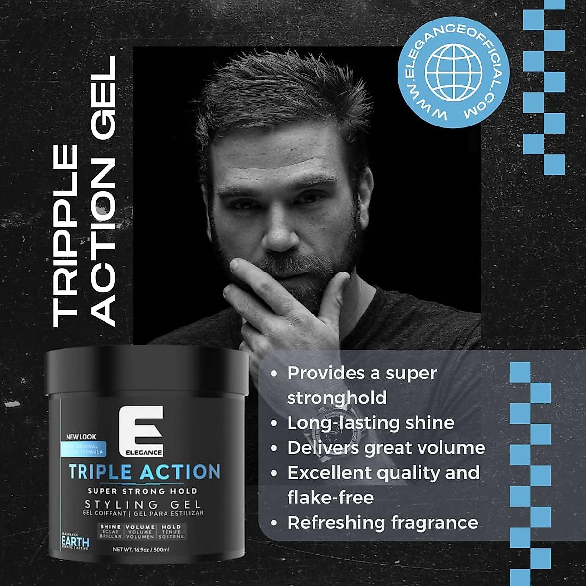 E Elegance Earth Fragrance Triple Action Hair Gel for Men And Women - Super Strong Hold, Extreme Volume, And Long Lasting Shine - Flake Free And Refreshing Fragrance - All Hair Types, 16.9 oz