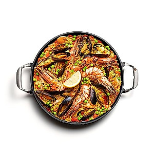 Outset Grill Paella and Deep Dish Pizza Pan, Cast Iron BBQ Pan with Handles, 18.15” x 14.11” x 1.25"