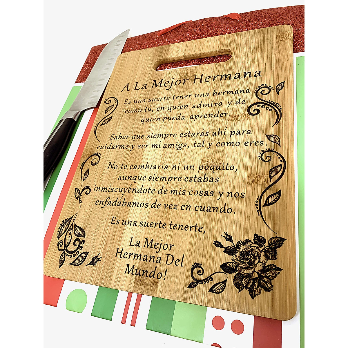 Regalo para Hermana: Tabla de cortar de bambú grabada (22 x 30 cm) Gift for Sister-Engraved bamboo cutting board 9"x12"