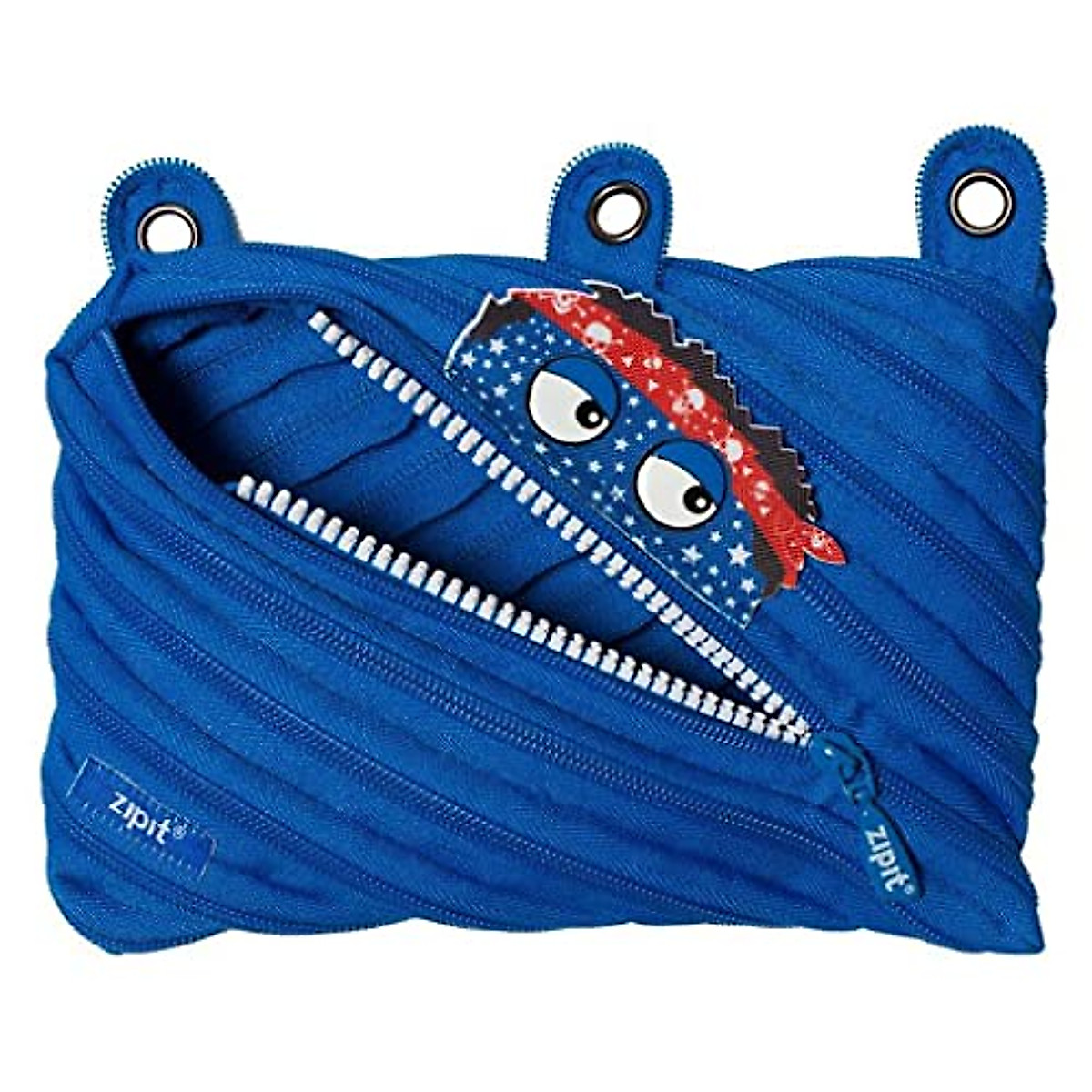 ZIPIT Talking Monstar 3-Ring Binder Pencil Pouch, Large Capacity Pen Case for Kids, Made of One Long Zipper! (Blue)