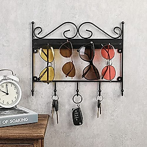 MyGift Wall Mounted Black Metal Wire Hanging Sunglasses Display Holder and Key Rack Organizer with 5 Hooks and Scrollwork Design