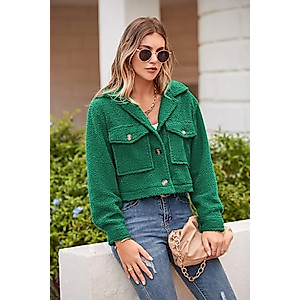 PRETTYGARDEN Womens Fall Clothes Sherpa Shacket Jacket Fuzzy Lapel Button Down Cropped Coat Winter Outerwear (Green,Large)
