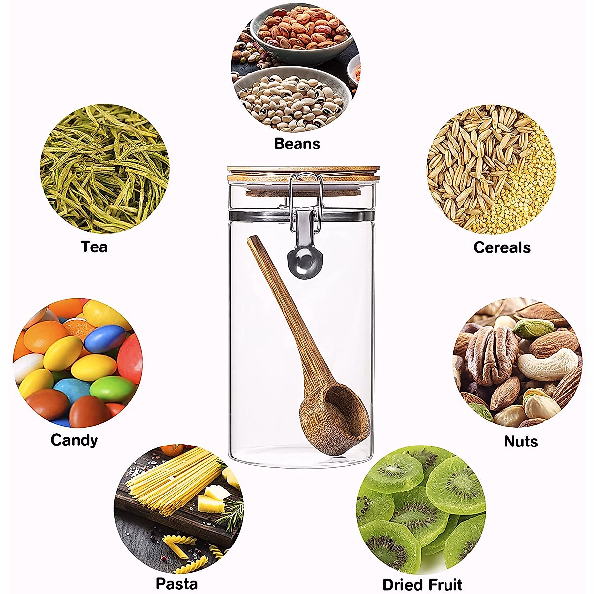 Yangbaga Glass Sugar Coffee Containers with Shelf, 2 x 45OZ Coffee Bean Canister Storage Station Organizer with Airtight Locking Clamp and Log Coffee Scoop, Large Capacity Food Storage Jar for Kitchen