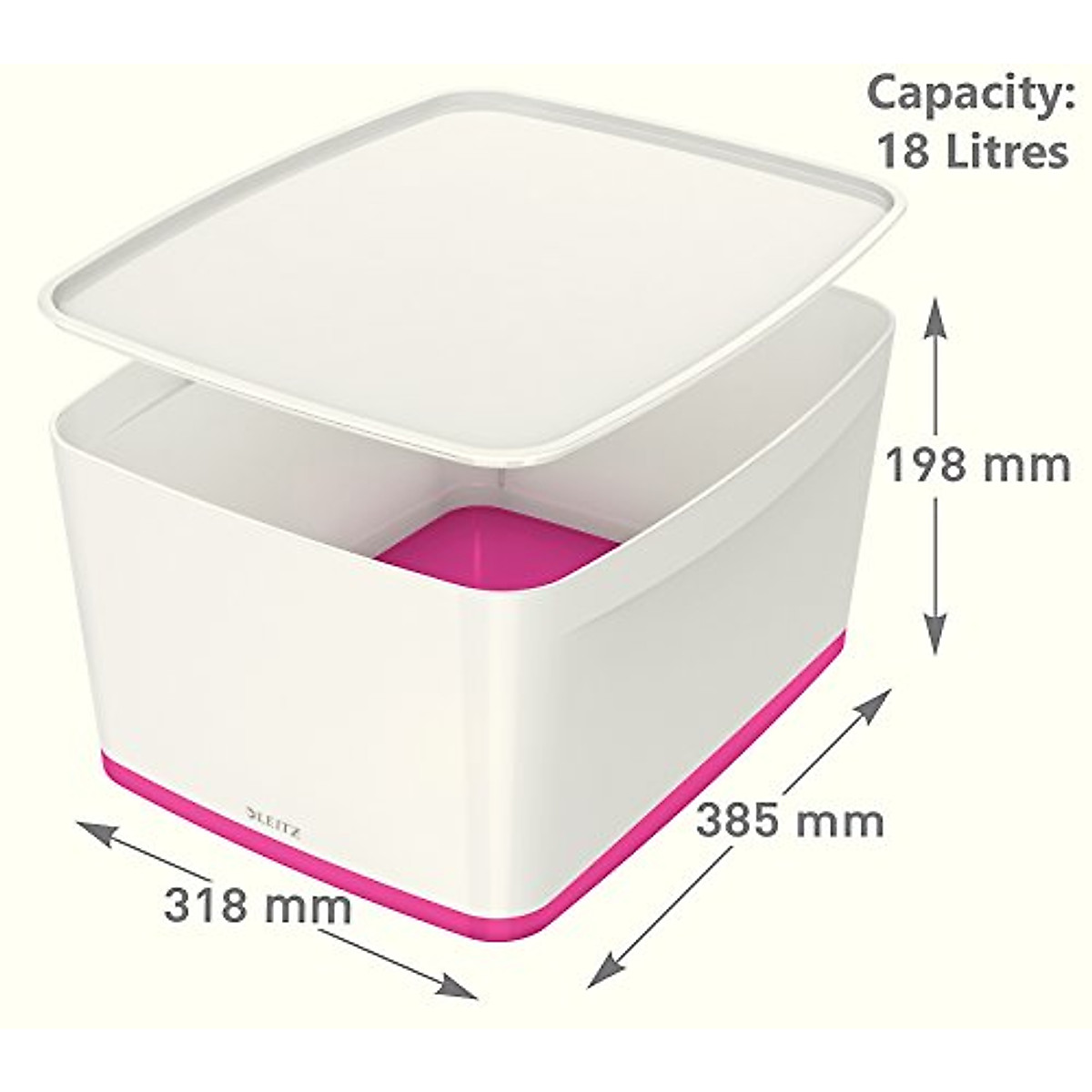 Leitz Large MyBox with Lid, Storage Box for Home and Office, High Gloss Plastic, 18 Litre, A4, White/Pink Metallic