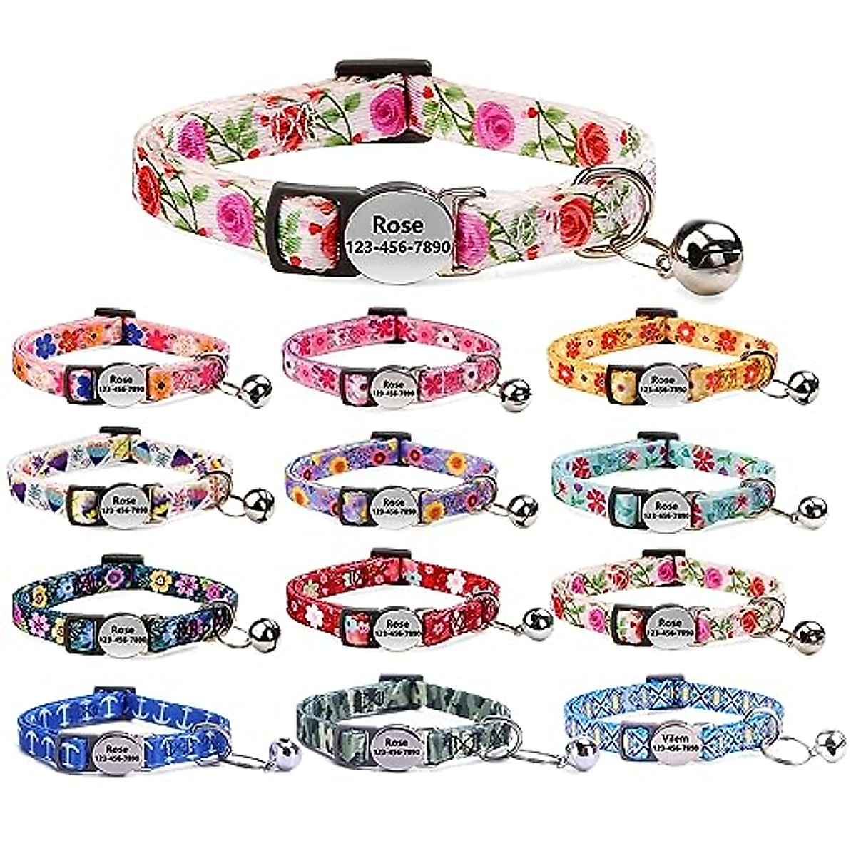 Moonpet Custom Personalized Breakaway Cat Collar with ID Name Phone Number Tag Plate/Customized Engraved Floral Pattern Boy Girl Cat Kitten Collar with Bell