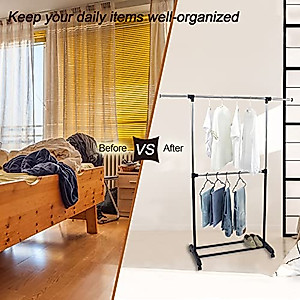 RYGOAL Double Rod Garment Racks for Hanging Clothes, Rolling Clothes Organizer Extendable Portable Clothing Hanging Garment Rack for Adult Coat, Closet, Wardrobe