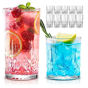 Qipecedm Drinking Glasses, 8 Piece Crystal Glass Cups, Mixed Glassware Set, 4 pcs Crystal Old Fashioned 11oz Highballs and 4 pcs 11oz Whiskey Glasses, Great for Cocktail, Whisky and other Beverages