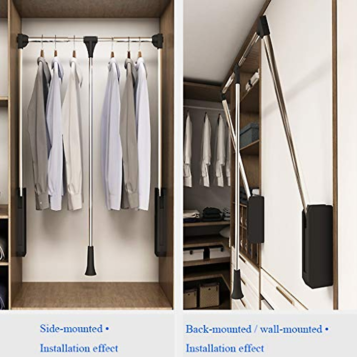 Pull Down Closet Rod Rail, Wardrobe Lift Rail Organizer Storage System Clothes Hanger Dormitory Clothes Bar Hardware Closet Pole Clothing Finishing Rack, Adjustable Width, Wall Mounting Industrial Fra