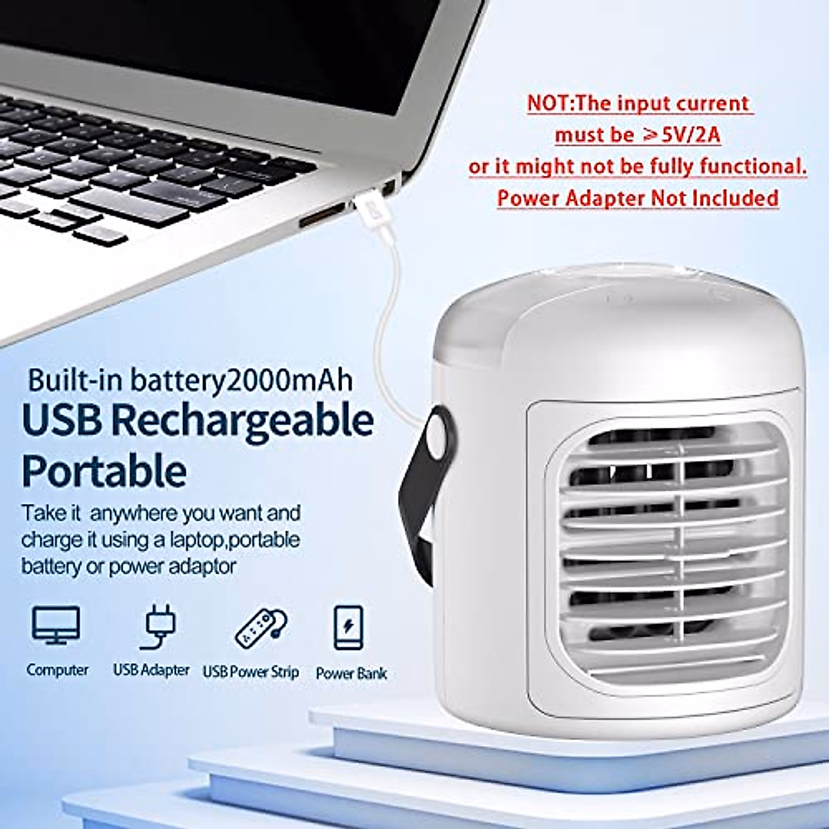 Portable Air Conditioner,3-in-1 Personal Air Cooler, Desk Mini Portable Ac with Ice Packs, 2000 mAh Rechargeable Battery