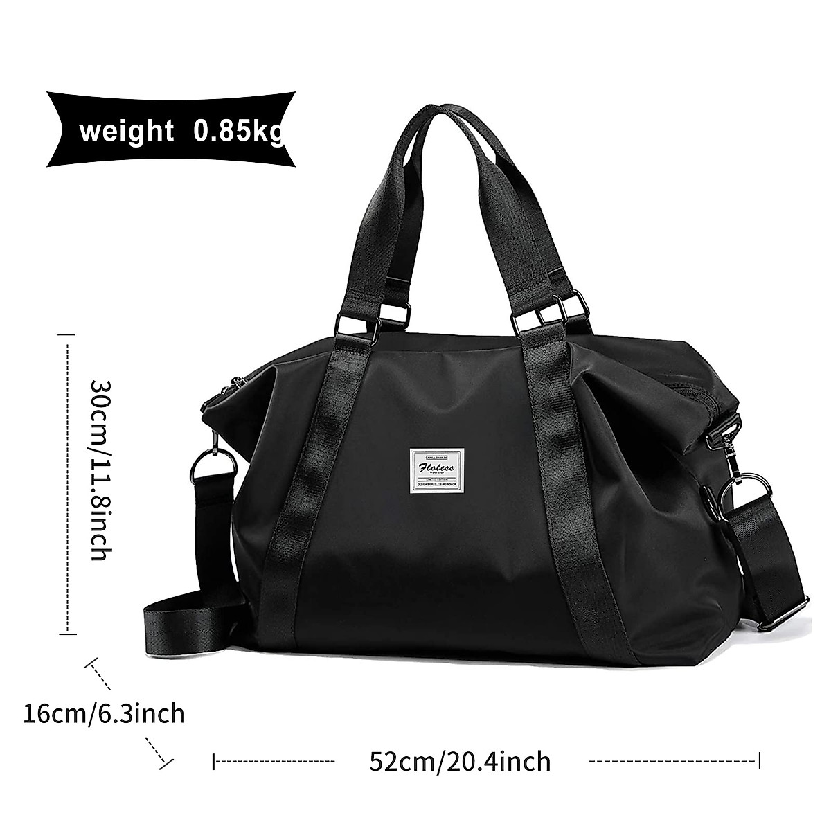 Travel Duffel Bag,Sports Tote Gym Bag,Shoulder Weekender Overnight Bag for Women with Wet Pocket,Black(No Luggage Strap)