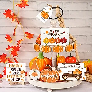 Yalikop Fall Tiered Tray Decor Set Thanksgiving Pumpkin Maple Leaves Gnome Wood Sign Hello Fall Rustic Farmhouse Wood Bead Decorative Tabletop Signs for Autumn Thanksgiving Day Table Holiday