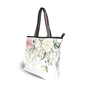 Bolaz Tote Bag with Zipper Women Pink & White Rose Flower Floral Handbags Pockets Shoulder Bag Work Large Office