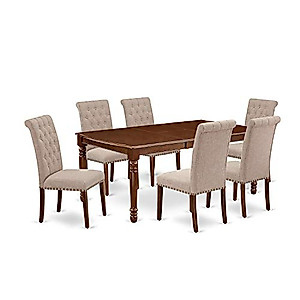 East West Furniture DOBR7-MAH-04 Nook Kitchen Set-Light Fawn Linen Fabric Button-tufted Parsons Chairs-Mahogany Finish 4 legs Hardwood Butterfly Leaf Rectangular Wood Dining Table and Frame, 7-Pc