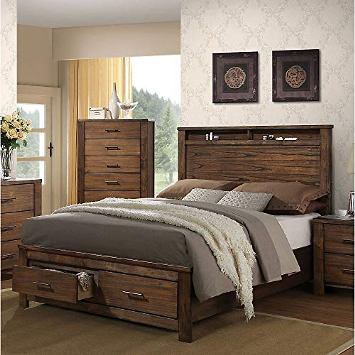 Knocbel Country-Cottage Queen Bed Frame with 2 Drawers, Wood Platform Bed Mattress Foundation with Slats Support & Storage Headboard, 85" L x 64" W x 55" H (Oak)