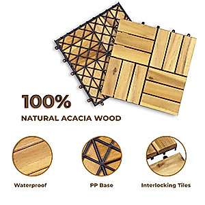 A9 FURNI 12-Slat Acacia Wood Teak Color Waterproof Outdoor & Indoor Flooring Interlocking Deck Tiles (10pcs,12''x12'') - Great Balcony Wooden Garden Decking Tile & Perfect Patio Paver Kits