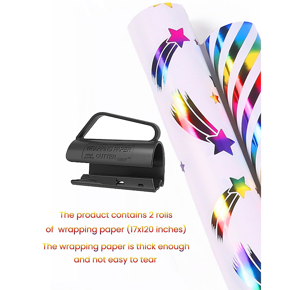 MONTPRO THMORT Birthday Wrapping Paper Roll with a Cutter Kit for Boys/Girls, Adults, Kids Foil mini rolls 17 X 120 Inch Gift Wrapping Paper Roll Colorful Foil Rainbow Silver. Includes double-sided