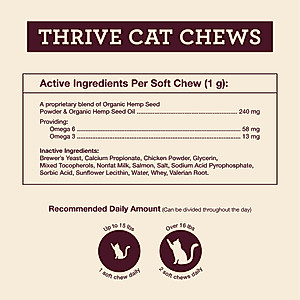 Hemp Well Thrive Cat Soft Chews - 60 Count, Everyday Supplement for Overall Health, Supports Hip, Joint, Heart Health, Organically Sourced, Omega 3 for Cats, Natural Cat Treats & Supplements