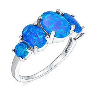 Gemstone 5 Stone Oval Blue Created Opal Half Eternity Band Ring For Women .925 Sterling Silver Thin 1MM Band October Birthstone