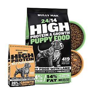 Bully Max Puppy Growth & Nutrition Bundle - High Protein Natural Dry Dog Food (5lb Bag) & Wet Dog Food (2 Dry lb, Makes 5.5 lb of Wet Food) for Small & Large Breed Puppies - Lamb & Chicken Flavors