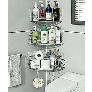 3 Pack Corner Shower Caddy: Stainless Steel No-drilling Bathroom Organizer for All 90° Corners- Installed in Minutes, Heavy Duty Shower Shelves for Storage- 6 Metal Hooks with Caps, 2 Extra Adhesives