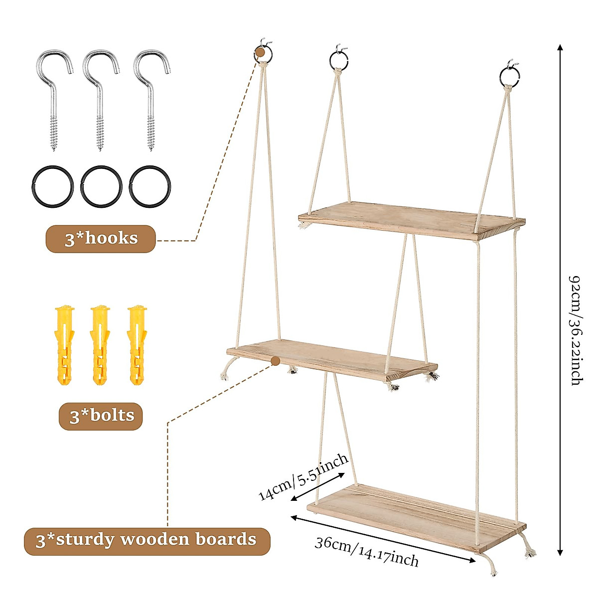 Macrame Wall Hanging Shelves, 3 Tier Hanging Floating Shelves for Wall, Boho Wall Shelves, Wood Hanging Shelves, Macrame Wall Hanging Shelf Tassel with Adjustable Rope, Room Decor for Plants Books