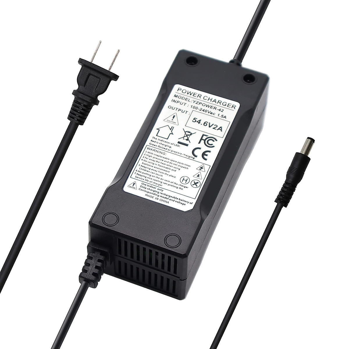 Eseegoo Lithium Battery Charger Output 54.6V 2A for 13 Series 13S 48V Lithium Battery Pack, 48V Li-ion Battery Charger DC 5.5 * 2.1mm Plug witth a 5.5 * 2.5mm Tip