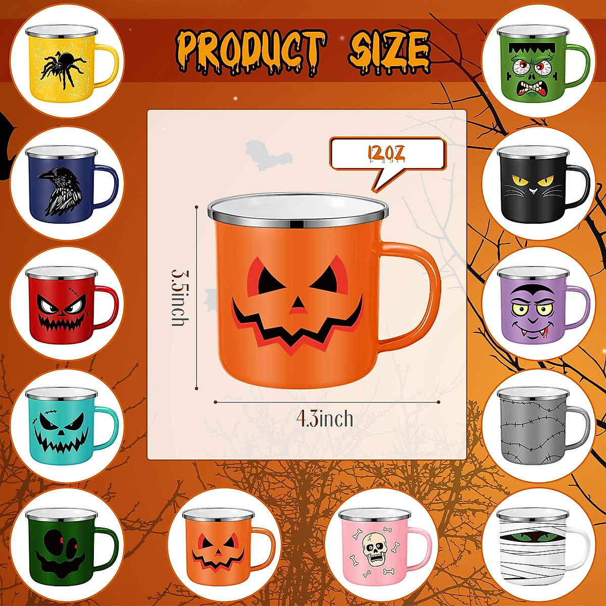 Zhehao 12 Pcs Halloween Coffee Mugs Bulk for Women Men 12 OZ Enamel Coffee Mugs Inspirational Motivational Gift for Teacher Coworker Christmas Halloween Party Decor