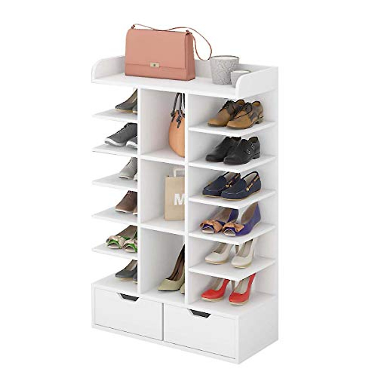 BURENMTO Shoe Rack Shoe Organizer Shoe Storage, 6 Tiers Wooden Shoe Rack for Entryway Shoe Organizer for Closet Holds 15 Pairs Shoes Space Saving Shoe Shelf Stand with 2 Drawers