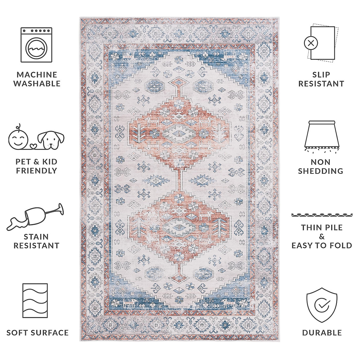 SAFAVIEH Arizona Collection Area Rug - 8' x 10', Rust & Beige, Traditional Design, Washable & Slip Resistant, Ideal for High Traffic Areas in Living Room, Bedroom & Dining Room (ARZ132P-8)