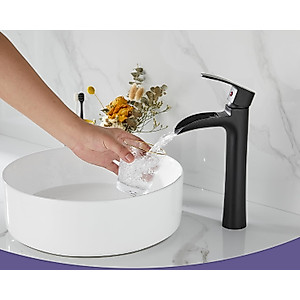 Arkosdex Modern Bathroom Vessel Sink Faucet, Tall Waterfall Bathroom Faucets, Single Handle Lavatory Vanity Faucet for Bowl Sink, 1 Hole Bath Tap with Pop Up Drain & Water Lines, Brass, Matte Black