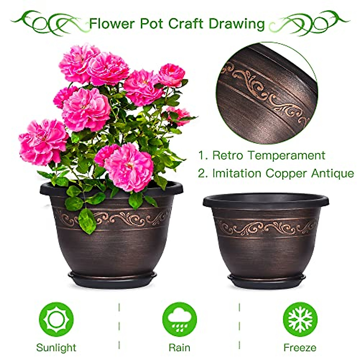 Plastic-Plant-Flower-Planters-10 Inch With Drainage Hole & Saucer, 3 Packs Lightweight Small Resin Flower Pot Indoor Outdoor, Retro Antique Imitation Decorative Garden Containers Sets For Houseplants