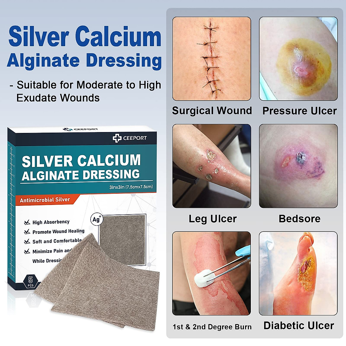 Ceeport Silver Calcium Alginate Wound Dressing 3'' x 3'', 5 Individual Pack, Highly Absorbent Dressing Gauze, Soft and Comfortable Silver Dressing for Wound Care, Non Stick Pads for Wounds