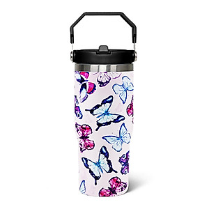 Butterfly Tumbler with Handle and Straw, Stainless Steel Vacuum Insulated Flip Straw 30 oz Pink Butterfly Tumbler Spill Proof Coffee Travel Mug Butterfly Gifts for Women
