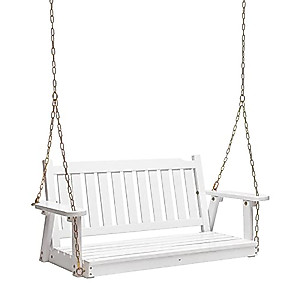 ALIMORDEN 2 Person Porch Swing, Wooden Outdoor Swing Bench with Chains, Finished Hanging Bench for Garden, Courtyard, Lawn & Balcony, White