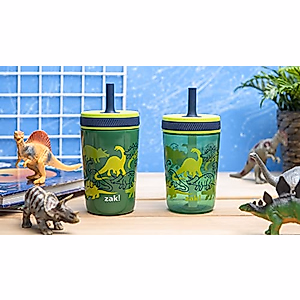Zak Designs Dino Camo Kelso Tumbler 3pc Set, Leak-Proof Screw-On Lid with Straw, Bundle for Kids Includes Plastic and Stainless Steel Cups with Additional Sipper, 15 fluid ounces