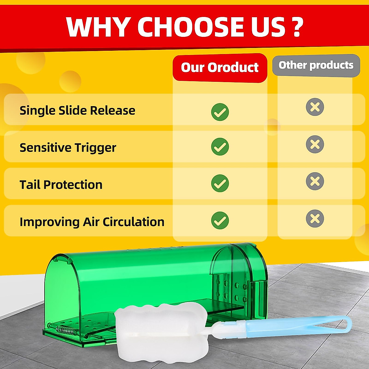 WHEELIO Mouse Traps, 4 Pack Humane Mouse Traps for Indoors and Outdoors, Reusable Live Catch and Release Mouse Traps with Cleaning Brush and Gloves, Quick, Effective and Easy to Clean, Green