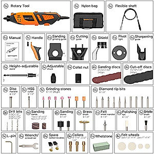 EnerTwist Rotary Tool Kit with MultiPro Keyless Chuck, 36" Flex Shaft, 10 Universal Attachments and 130 Accessories, Variable Speed Electric Drill Set for Home DIY and Crafting Projects, ET-RT-170