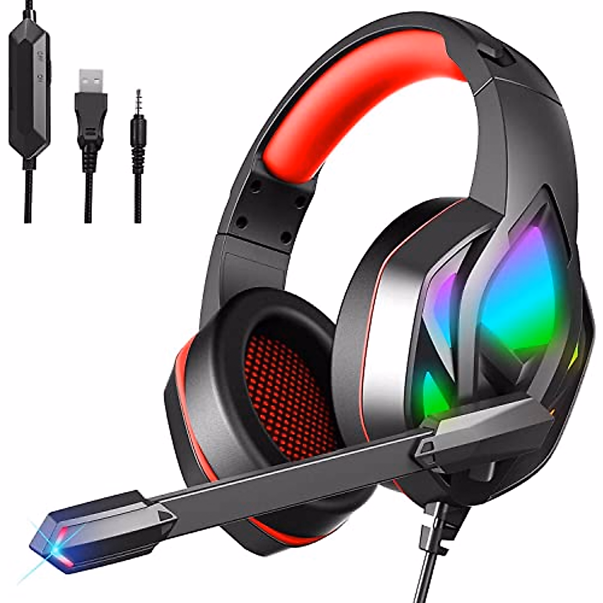 Donerton Gaming Headset, Over-Ear Gaming Headphones with Noise Canceling Mic, Stereo Bass Surround Sound, Soft Memory Earmuffs LED Light PS4 Gaming Headset Compatible with PC, Laptop, PS4, PS5, Red