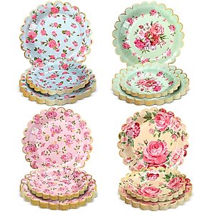 Pasimy 64 Pcs Floral Vintage Plates Paper Tea Party Plates Set 9 Inch Dinner Plates 7 Inch Dessert Plates for Birthday Baby Shower Wedding Bachelorette Party Supplies(Rose)