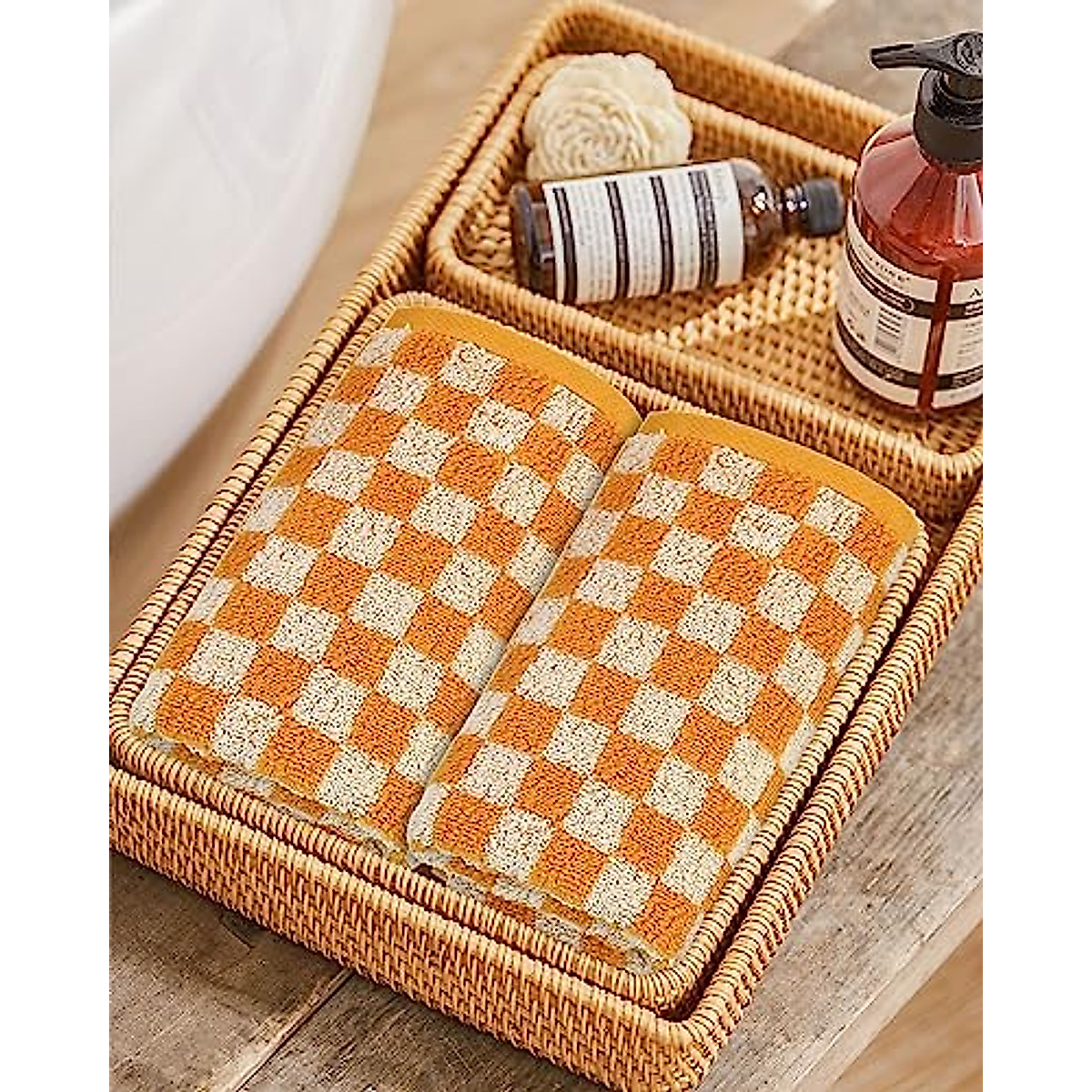 Jacquotha Checkered Hand Towels 4 Pack - Cotton Hand Towels for Kitchen Bathroom 29” x 13”, Orange