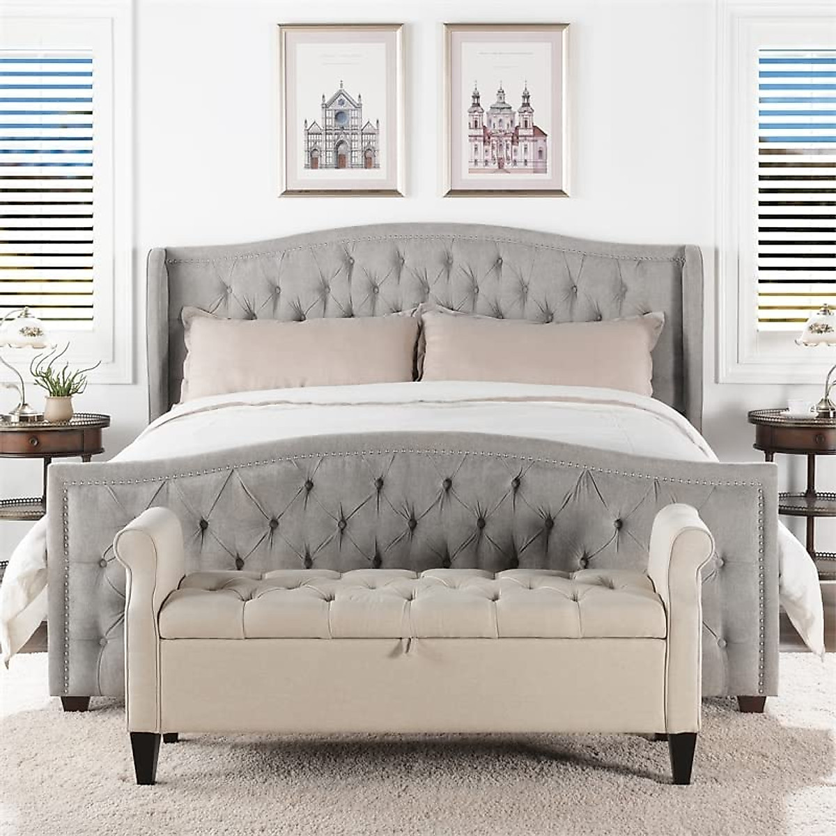 Jennifer Taylor Home Marcella Upholstered Shelter Headboard Bed Set, King, Silver Grey Polyester