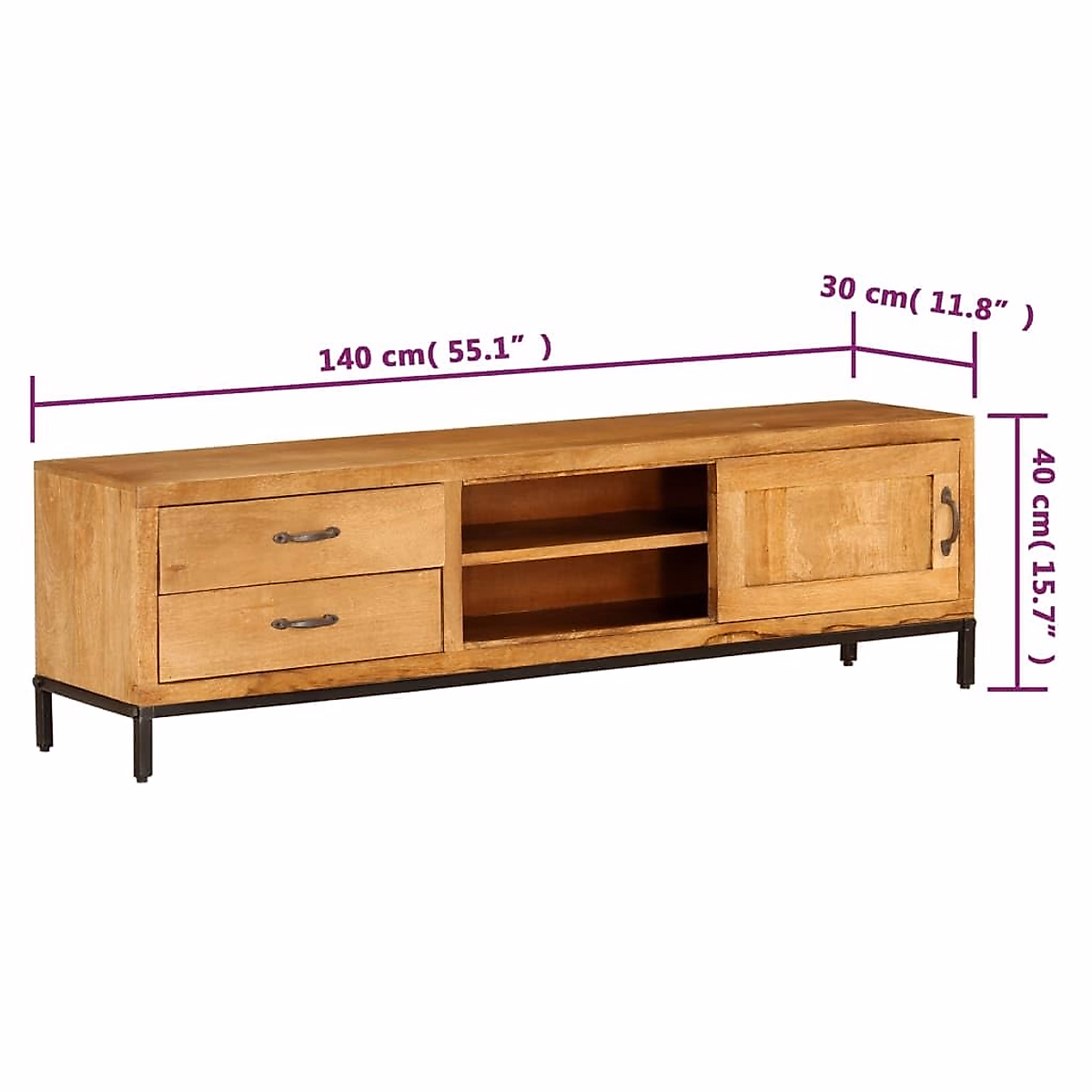 vidaXL Retro TV Stand with Storage - Solid Mango Wood TV Cabinet with Steel Legs - Sideboard with Shelves and Drawers - 55.1"x11.8"x15.7" - Brown