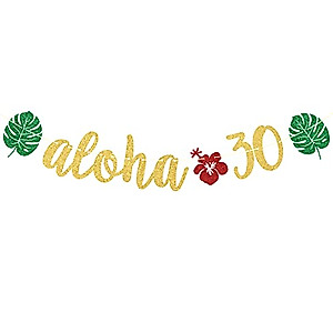 Aloha 30 Banner, Aloha Party Decorations, Hawaiian 30th Birthday Banner for Tropical Luau Birthday Party Decorations, Palm Leaf Decorations Gold Green Glitter