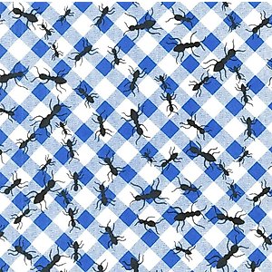 A. E. Nathan Black Picnic Ants on Blue and White Checkered Comfy Cotton Flannel Fabric by The Yard