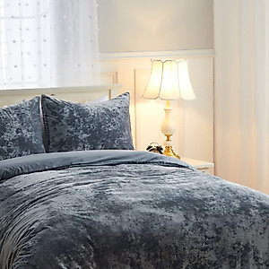 CROMIO Grey Velvet Duvet Cover King Size - Super Soft Flannel Bedding Set with Button Closure and Corner Ties - Luxurious Shimmery Comforter Cover Set for Home Decoration