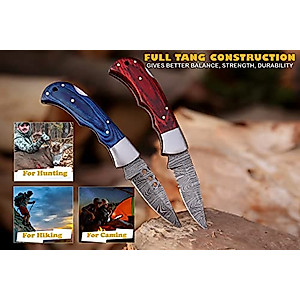 Handmade Damascus pocket knife for men with leather sheath | 2 Pcs Tactical Folding Pocket knife Set with Back Lock | Best Edc Bushcraft knifes for Fishing, Camping, Hiking | Damascus steel Blade Foldable hunting Belt knife with Horizontal Carry sheath |