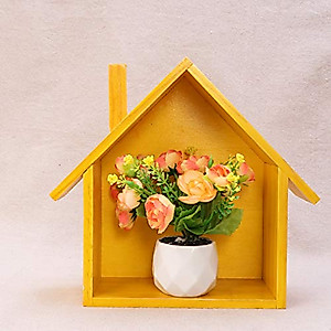 Cabilock Wooden House-Shaped Wall Storage Shelf Display Box Hanging Rack Holder Organizer for Bedroom Kids Room Kitchen (Yellow)